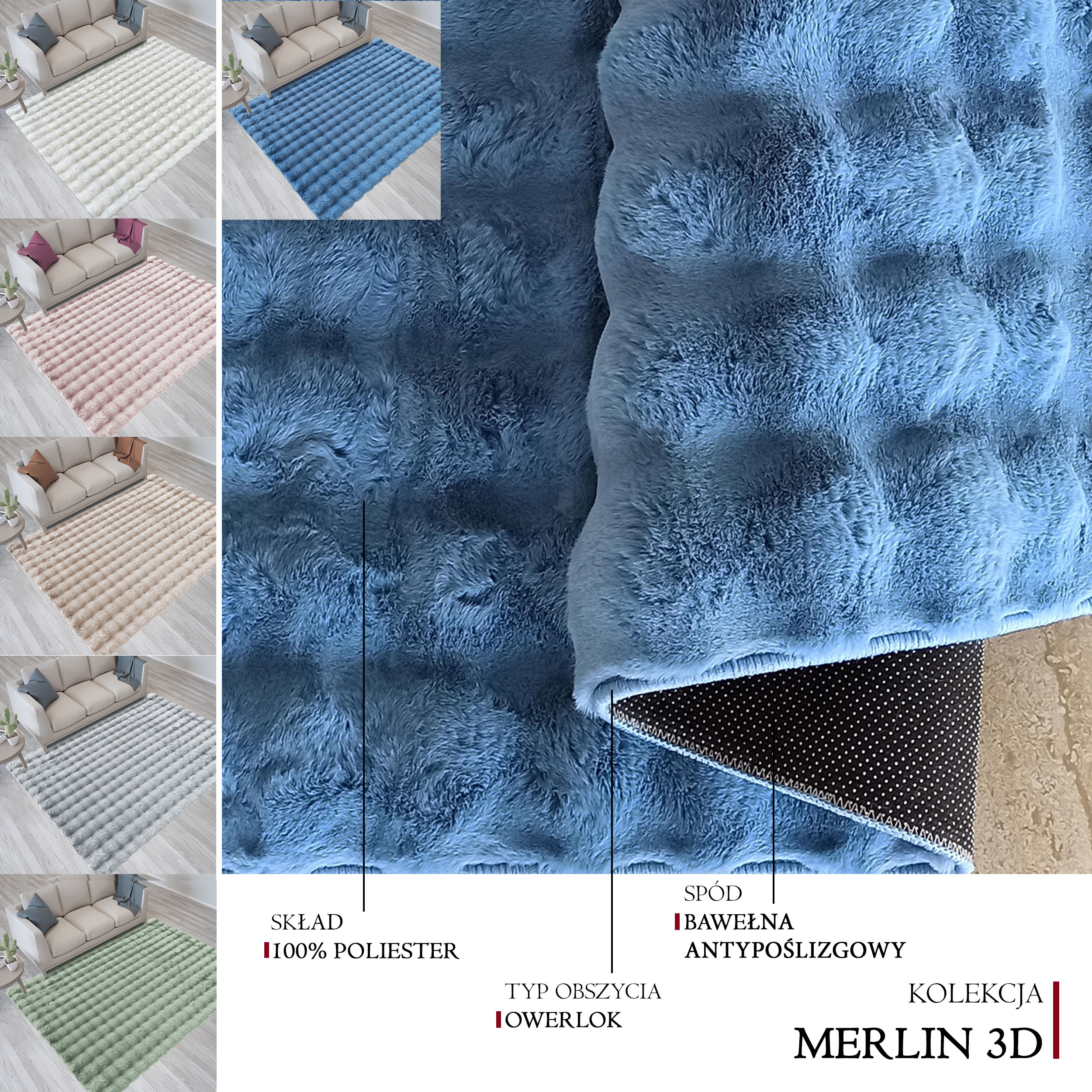 Dywan Merlin 3D Shaggy Typu Rabbit - Niebieski | 160 x 200 cm | MERLIN ...